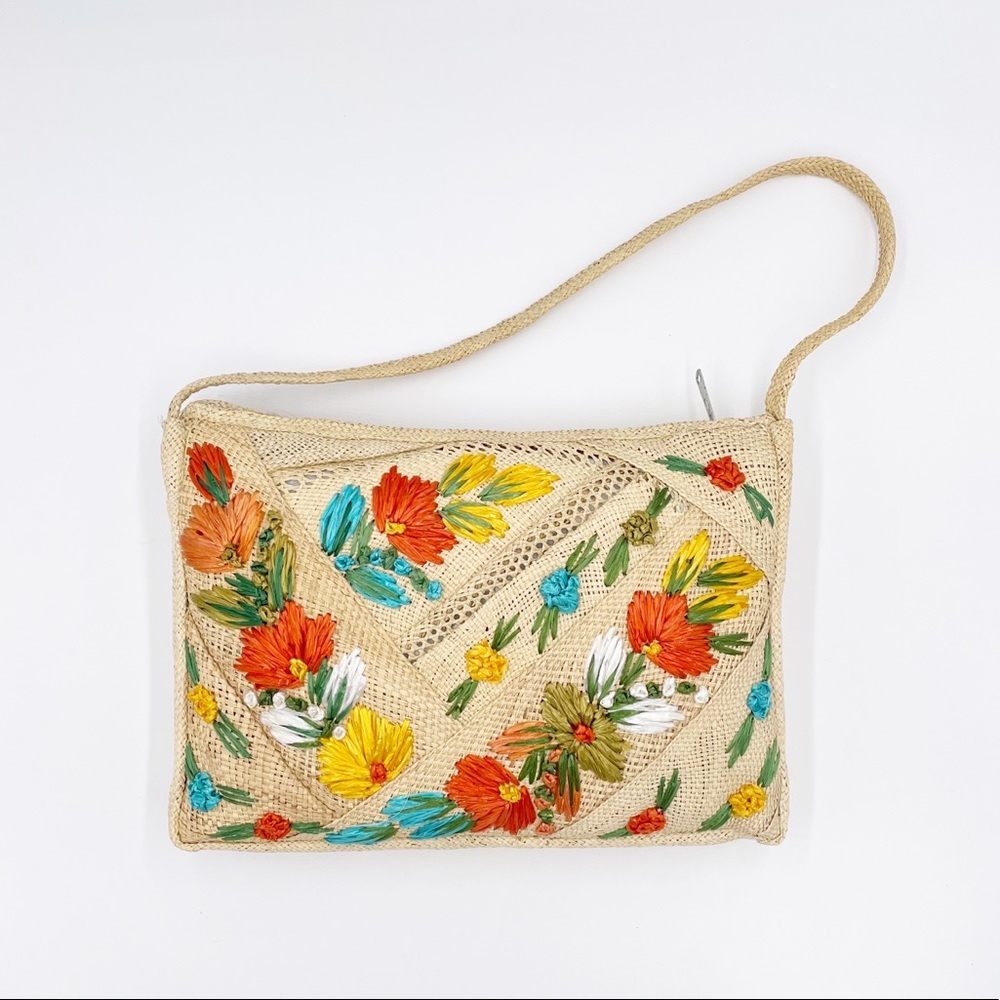 Vintage Jamaica Raffia Floral Embroidery Straw Bag - Gem